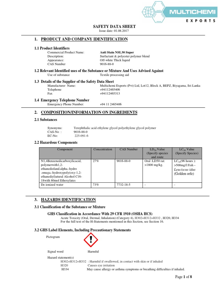 Anti Stain Nsl30 Super_msds_sds | Dangerous Goods | Toxicity