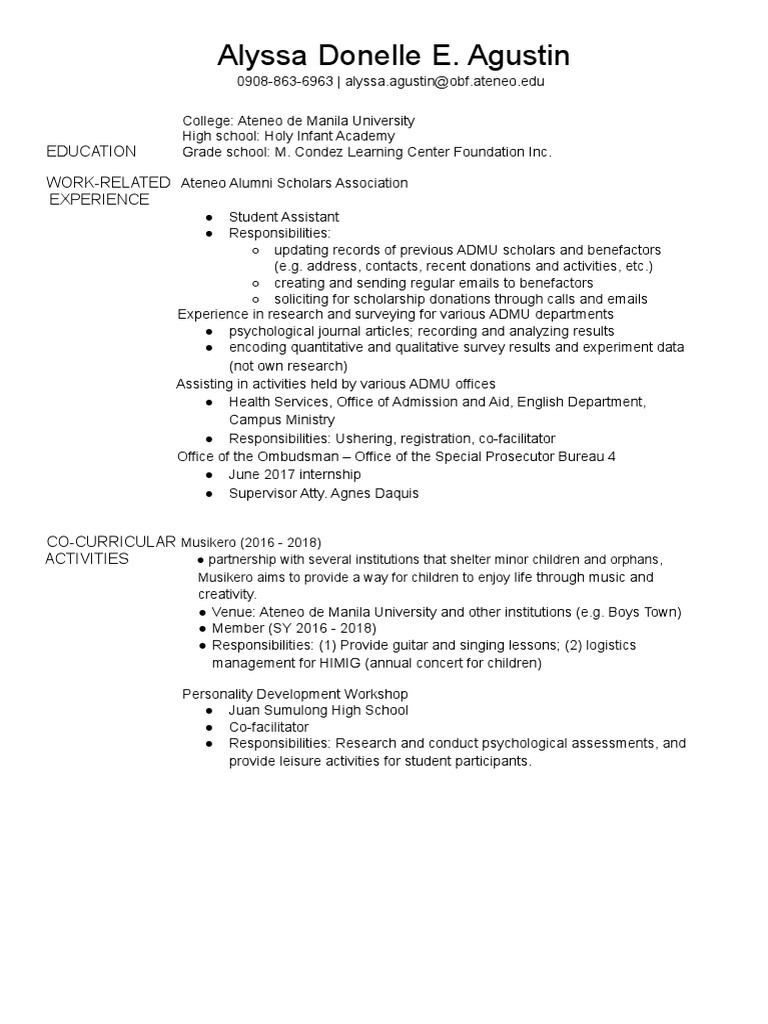 Alyssa Donelle E. Agustin: Education Work-Related Experience | PDF | Behavior Modification