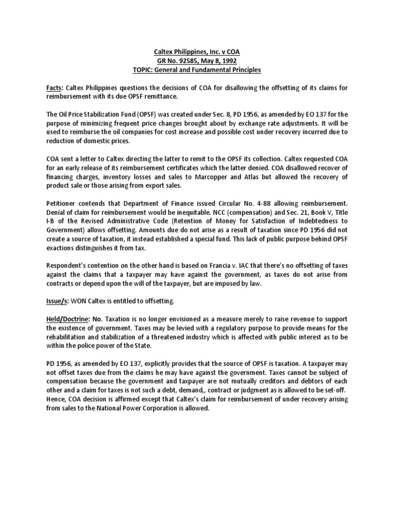 Caltex v COA: No offsetting of taxes against claims | PDF | Taxpayer ...