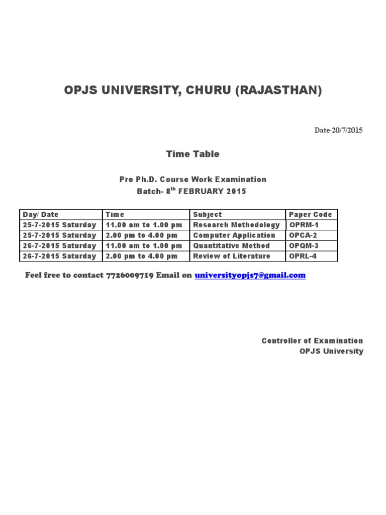 Opjs University, Churu (Rajasthan) : Time Table | PDF | Thesis | Science