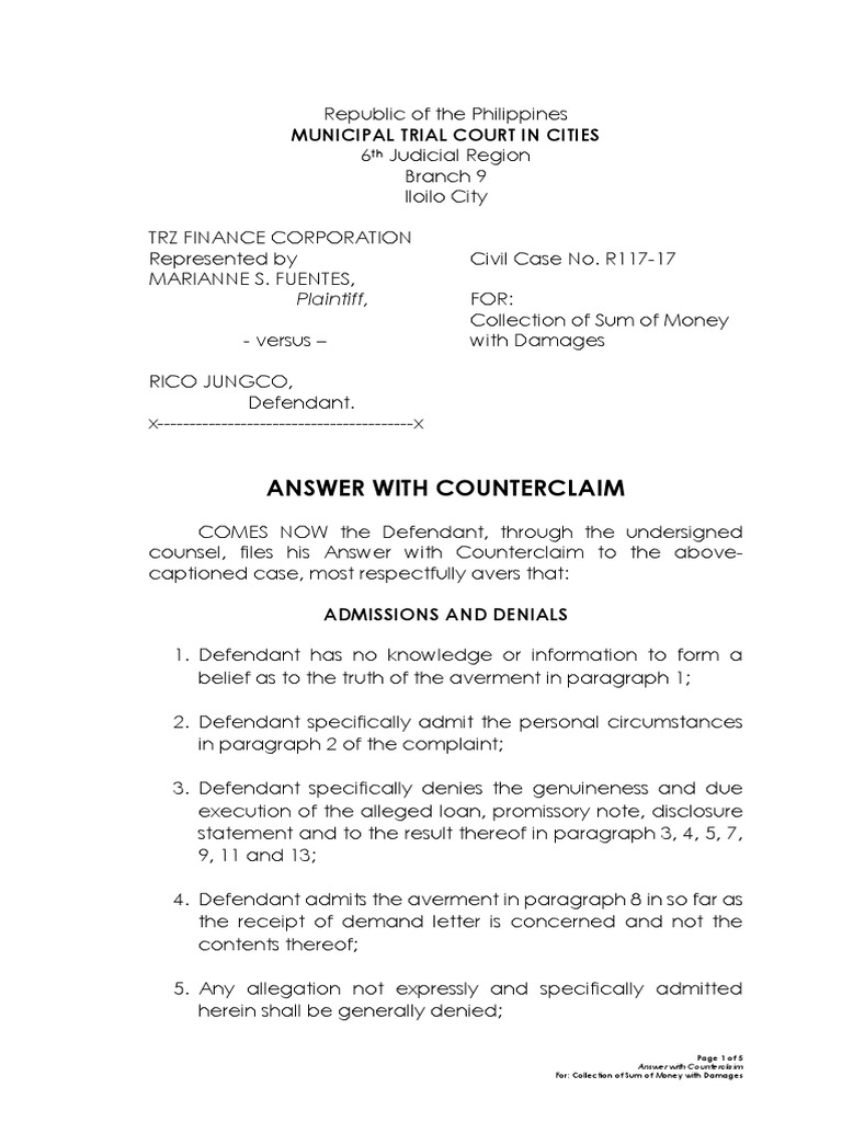 Answer With Counterclaim | PDF | Lawsuit | Damages