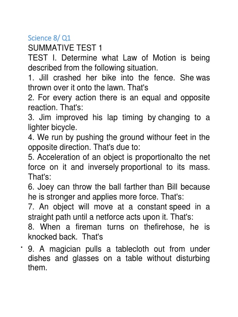 Summative Test | PDF | Newton's Laws Of Motion | Force