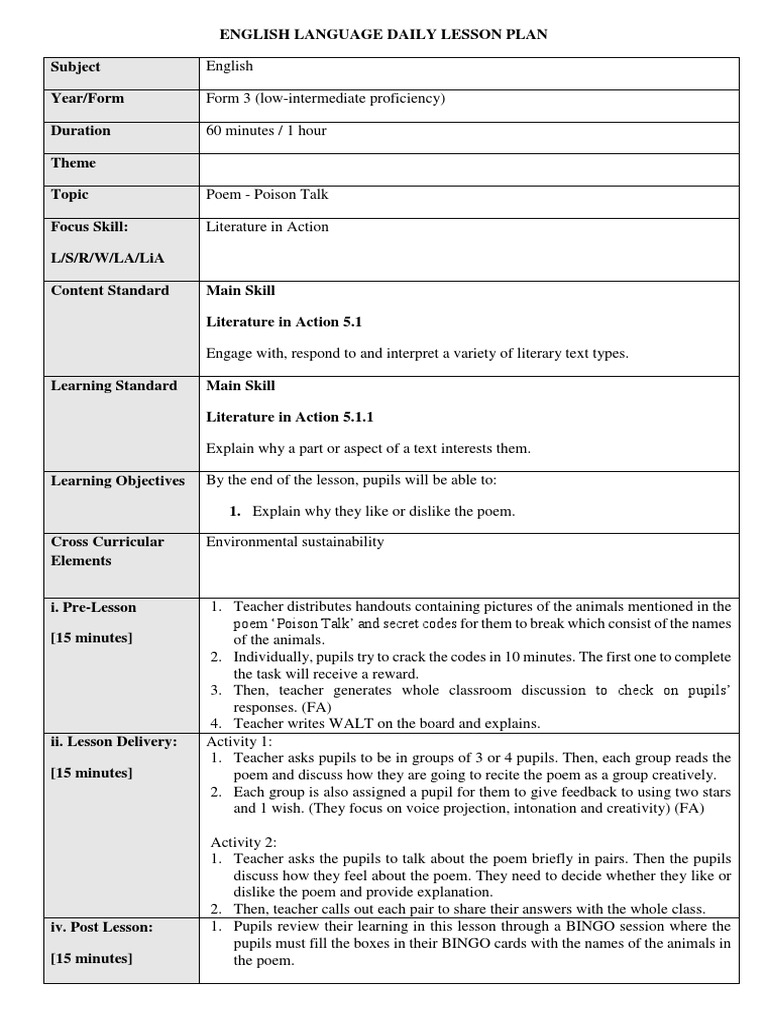 Form 3 English Literature Lesson Plan | PDF | Lesson Plan | Teachers