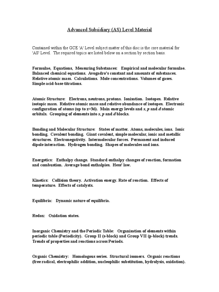 Advanced Subsidiary (AS) Level Material | PDF