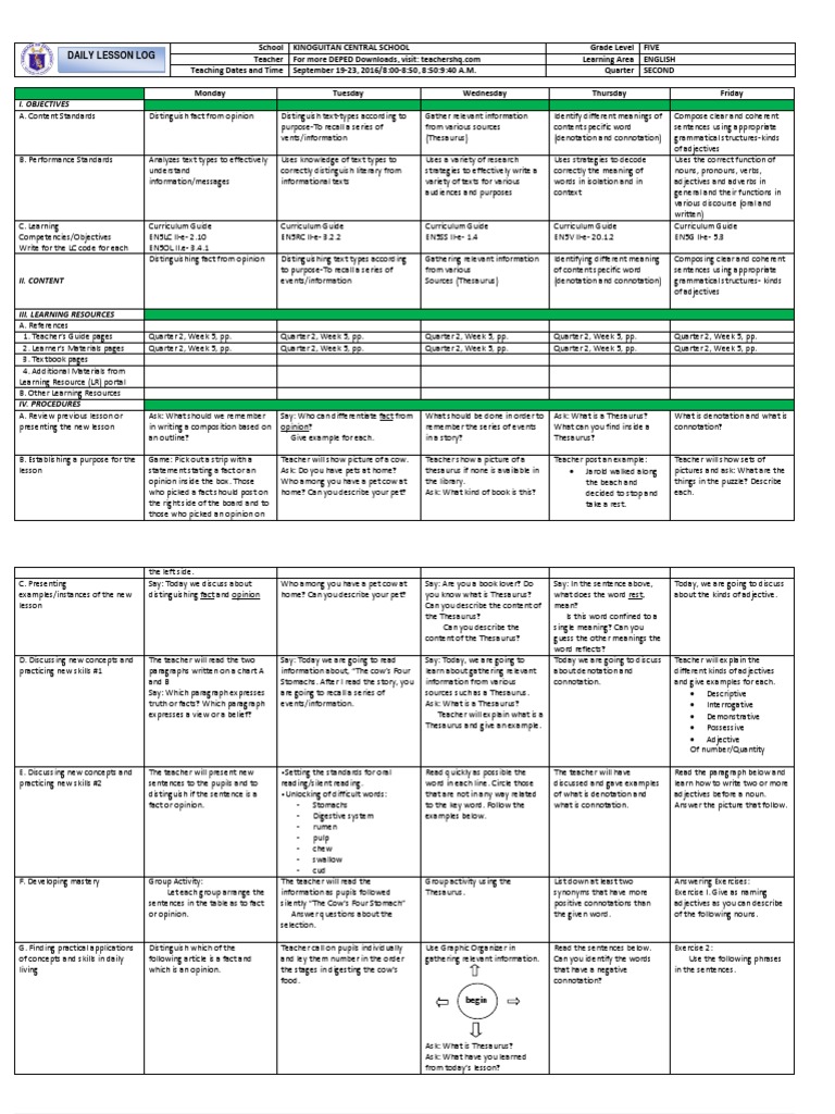Grade 5 English DLL Week 5 Guide | PDF | Adjective | Word