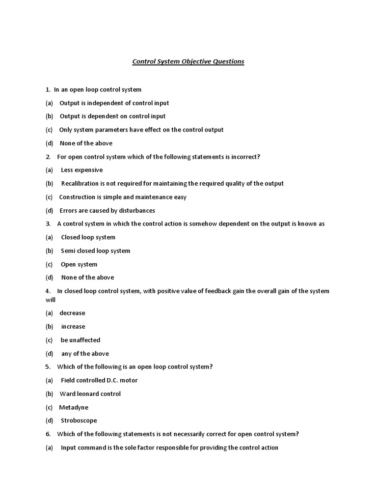 Control System Objective Questions | PDF | Control System | Feedback