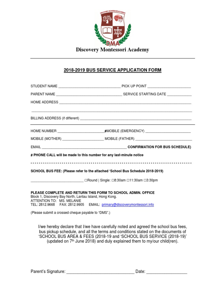 Discovery Montessori Academy: 2018-2019 Bus Service Application Form | PDF