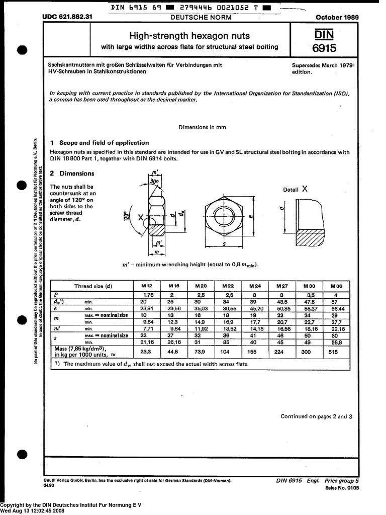 DIN 6915-1989, High Strenght Hexagon Head Nuts | PDF