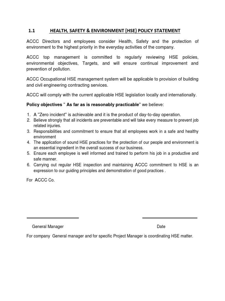 1.1 Health, Safety & Environment (Hse) Policy Statement | PDF