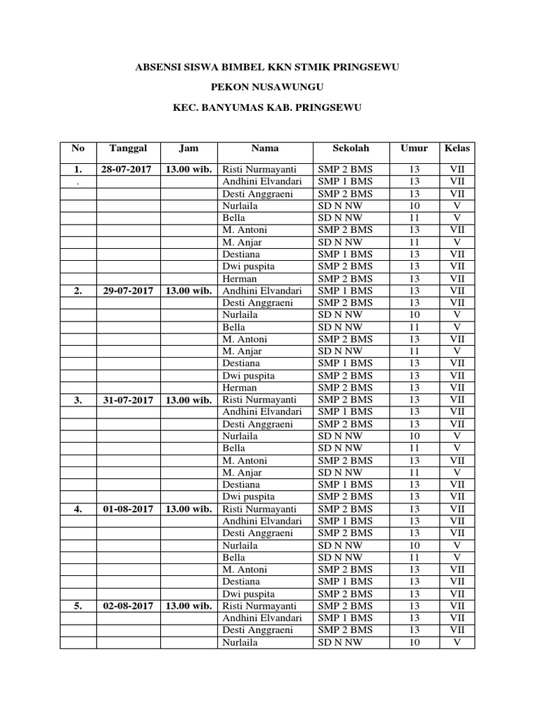 Absensi Siswa Bimbel KKN Stmik Pringsewu | PDF
