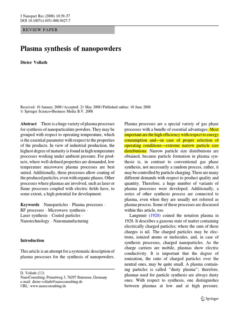 Plasma Syn Review Paper | PDF | Plasma (Physics) | Nanoparticle