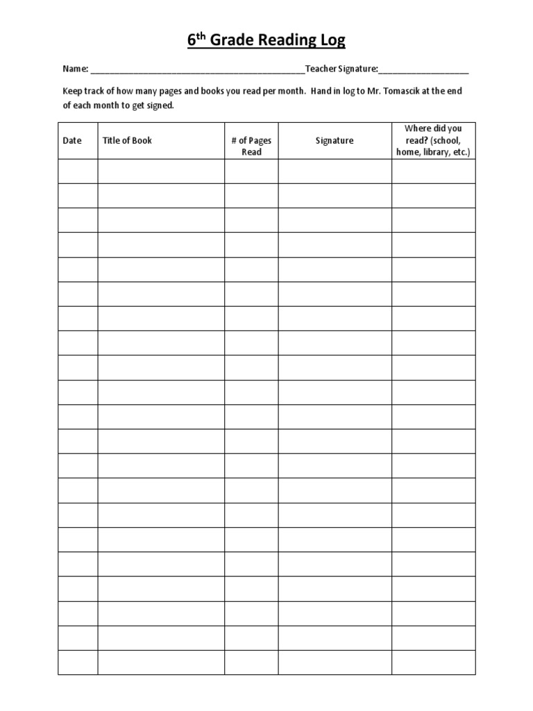6th grade reading log | Document | Written Communication