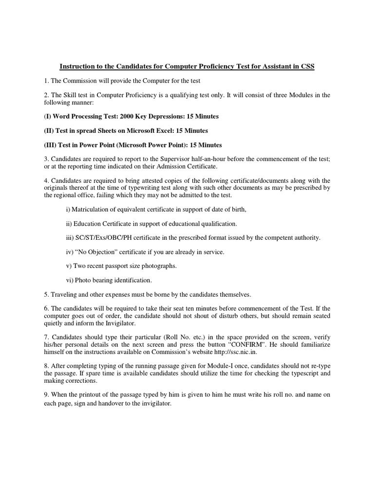 Instruction To The Candidates For Computer Proficiency Test For ...