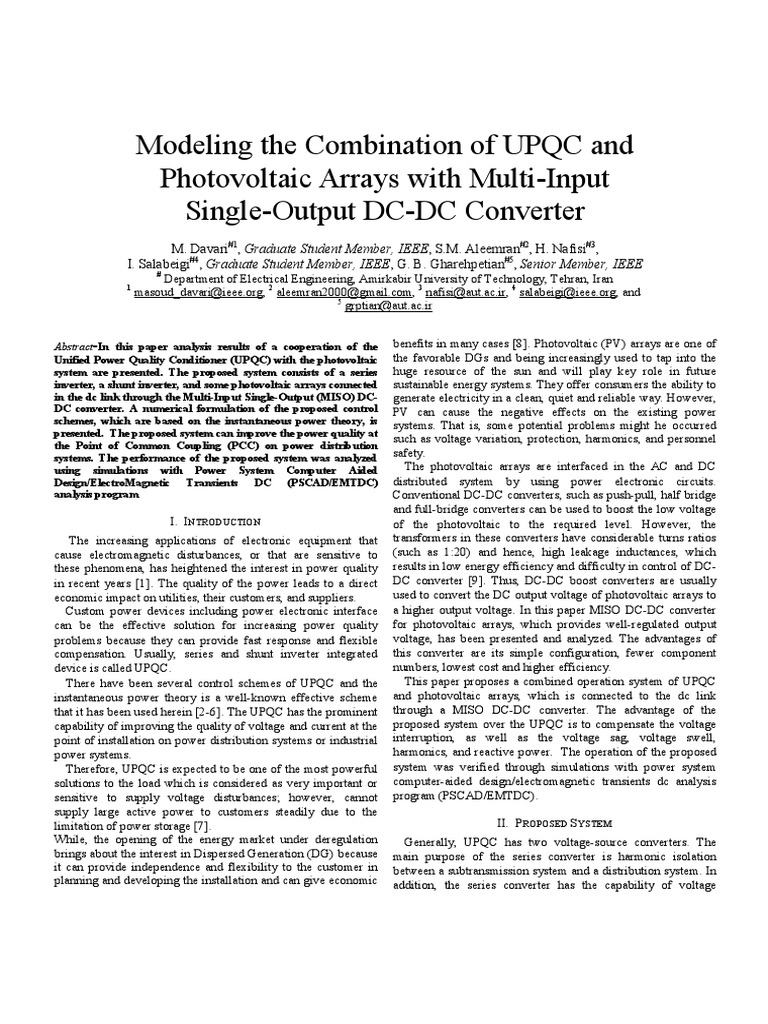 Modeling The Combination of UPQC and Photovoltaic Arrays With Multi-Input Single-Output DC-DC ...