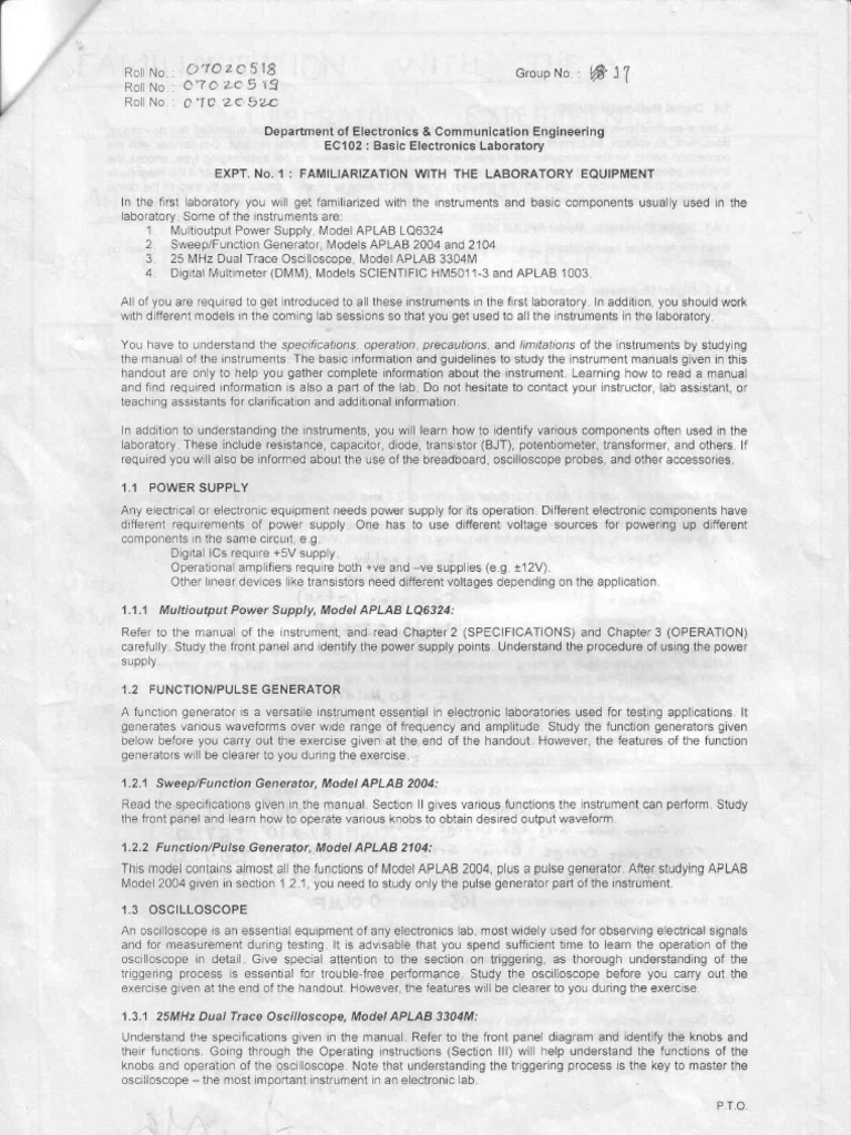 Familiarization with Electronics Lab Equipment | PDF | Electricity | Electrical Engineering