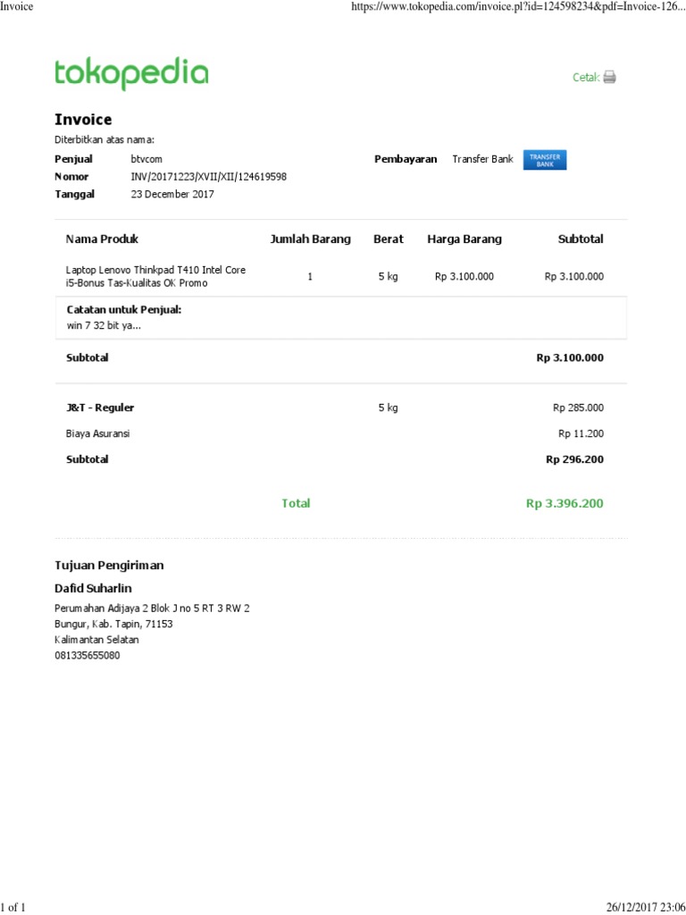Invoice Pembelian Laptop | PDF