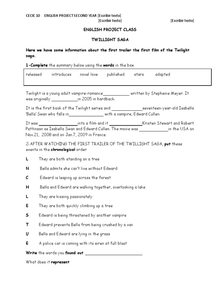 ENGLISH PROJECT CLASS Activ Twilight Saga | PDF | Twilight (Novel ...