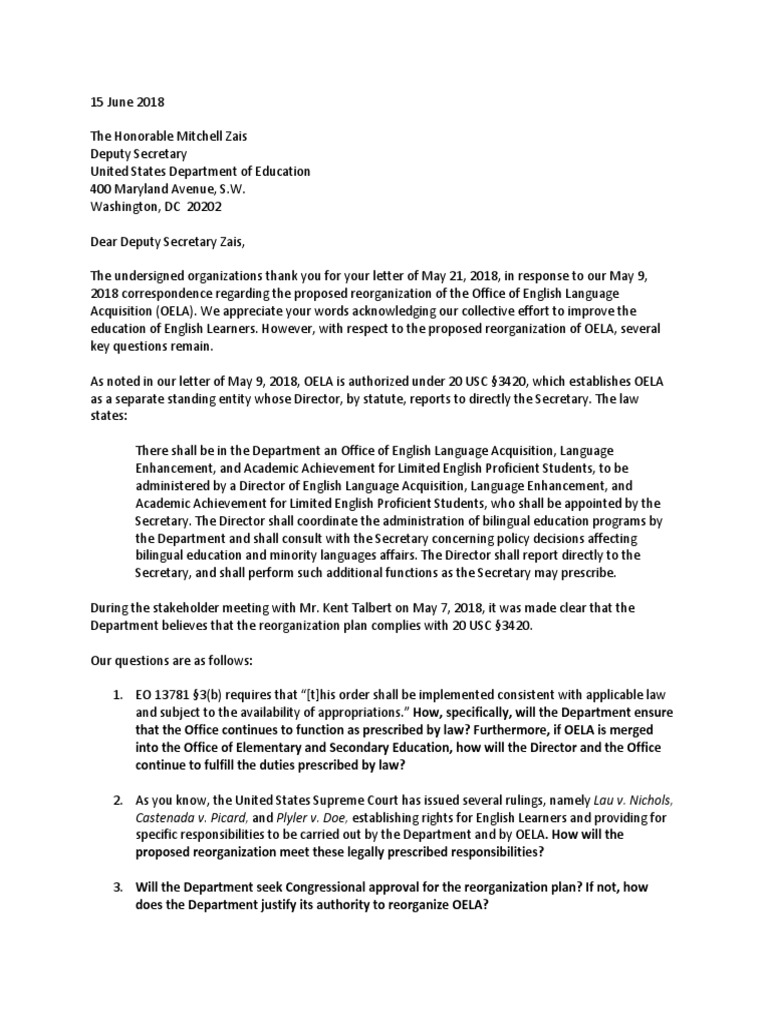Zais OELA Reorganization Response Letter | Multilingualism | Secretary