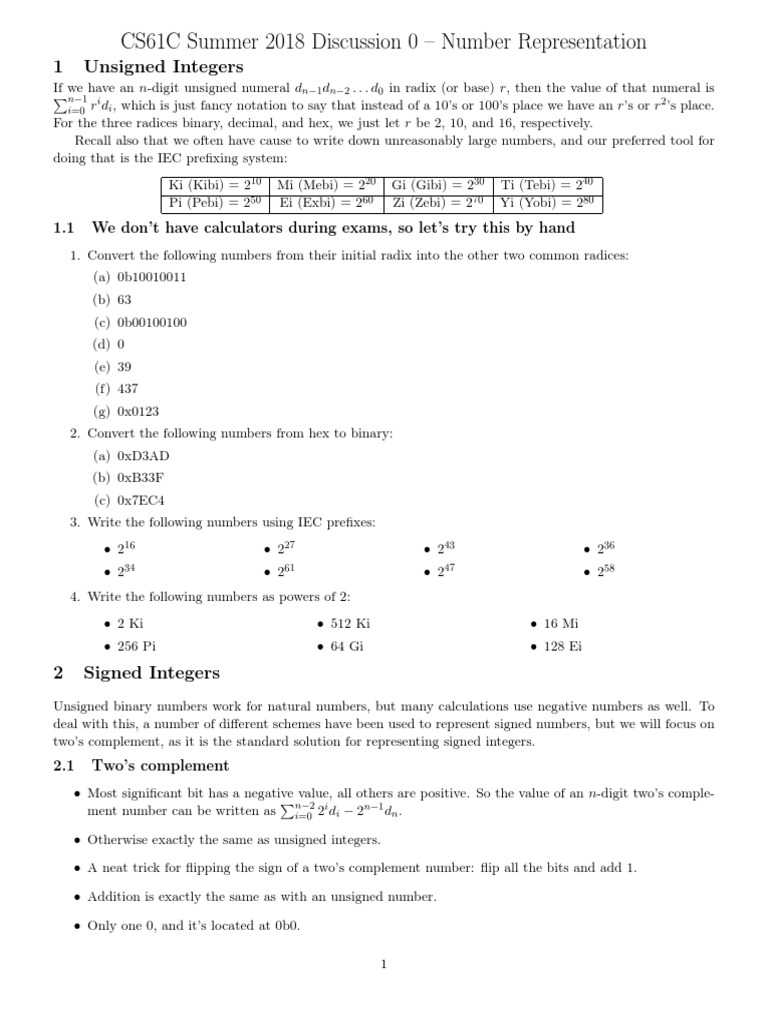 Cs61c Summer 2018 Discussion 0 Number Representation 1 Unsigned Integers Pdf Mathematical