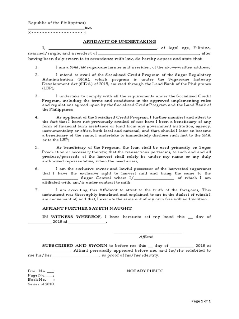 Affidavit of Undertaking - SRA | PDF | Affidavit | Social Institutions