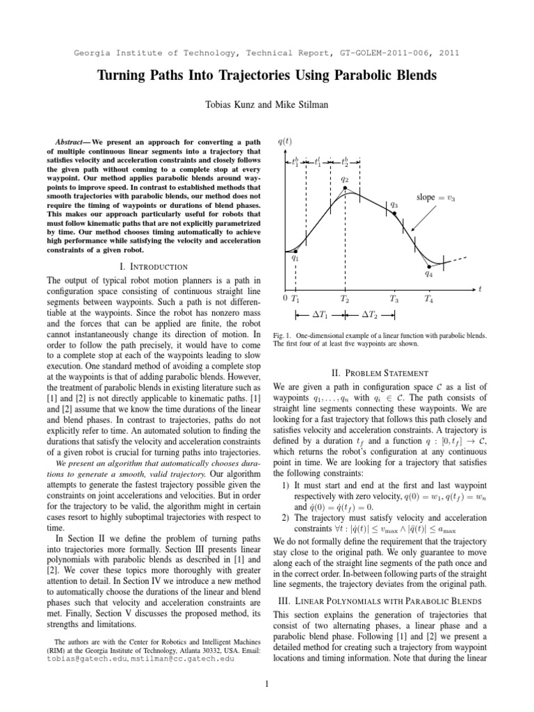 Turning Paths Into Trajectories Using Parabolic Blends: Tobias Kunz and ...