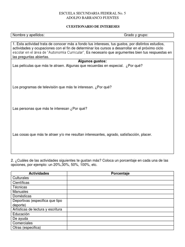 Cuestionario de Intereses | PDF | Educación Secundaria | Educación avanzada