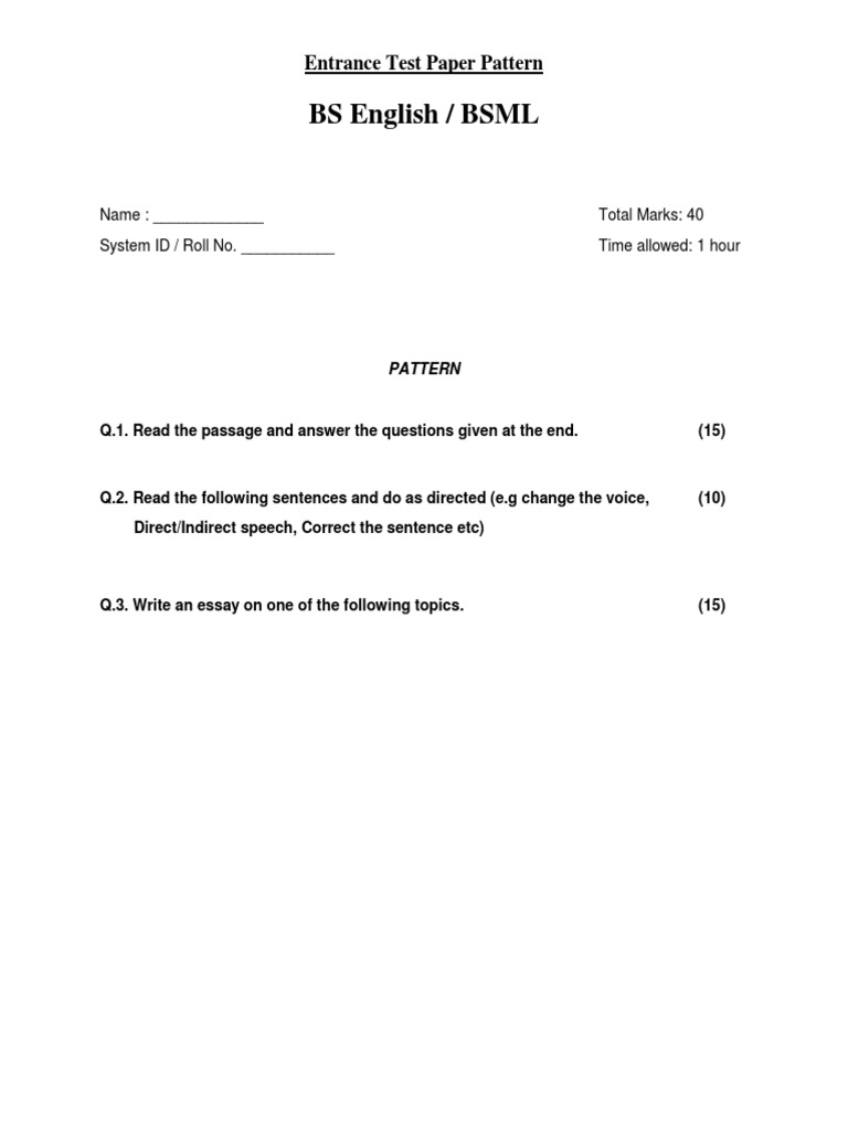 BS English, BSML - Entrance Test Paper Pattern PDF | PDF