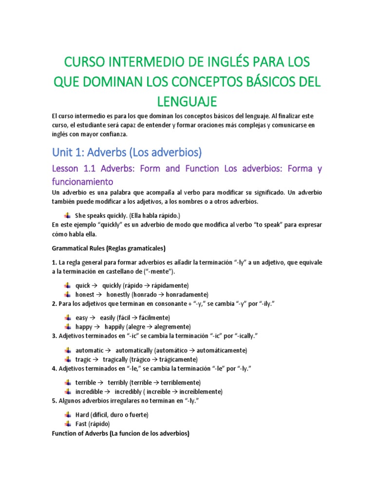 Unit 1 Adverbs (Los Adverbios) | PDF | Adverbio | Verbo