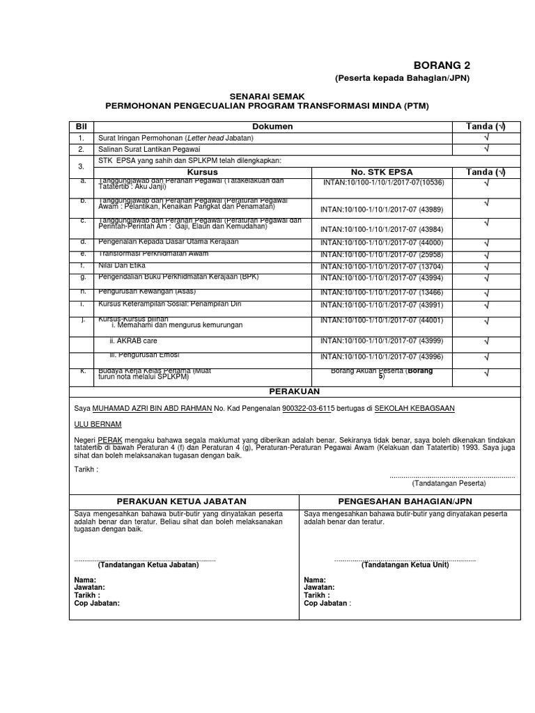 Borang 2 - Senarai Semak Permohonan Pengecualian PTM | PDF | Bisnis