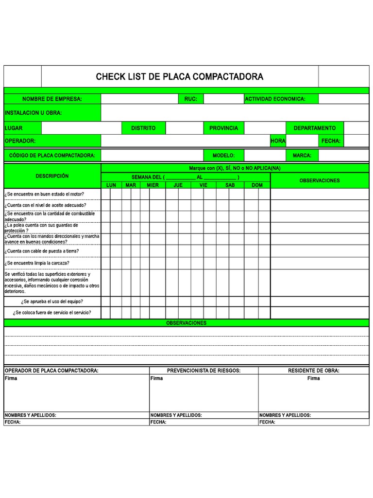 Check List Placa Compactadora | PDF