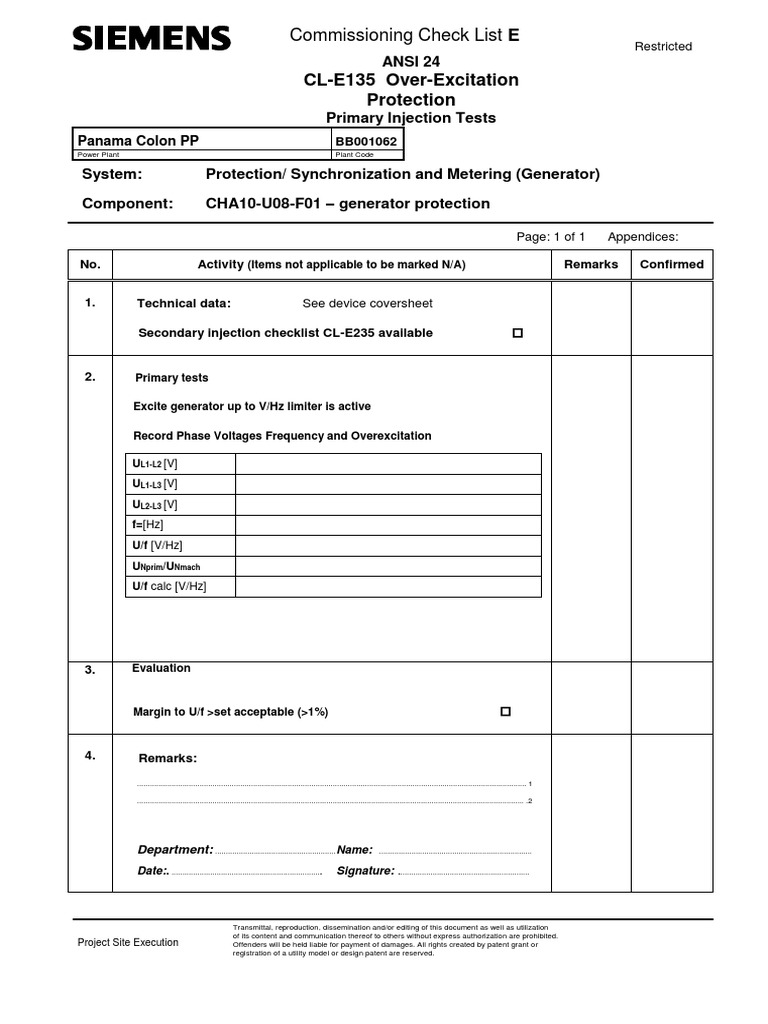 CL-E135 Over-Excitation Protection: Commissioning Check List E | PDF ...
