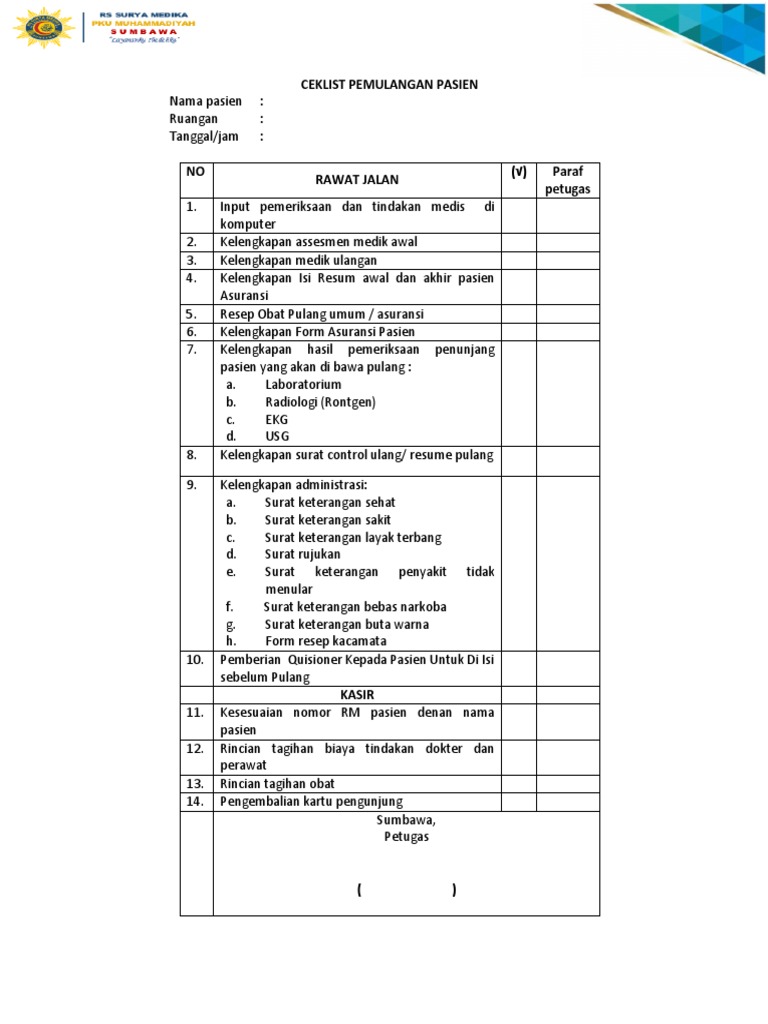 CHECKLIST FOR PATIENT DISCHARGE | PDF