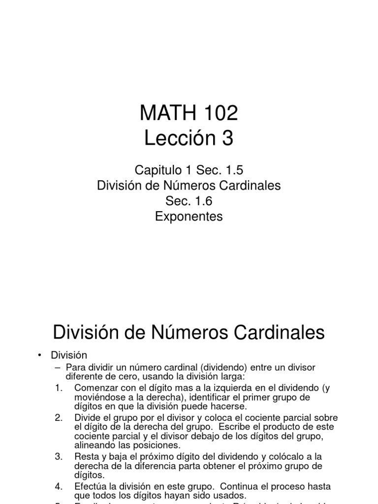 División de Números Cardinales y Exponentes Lección 3 | PDF | División ...