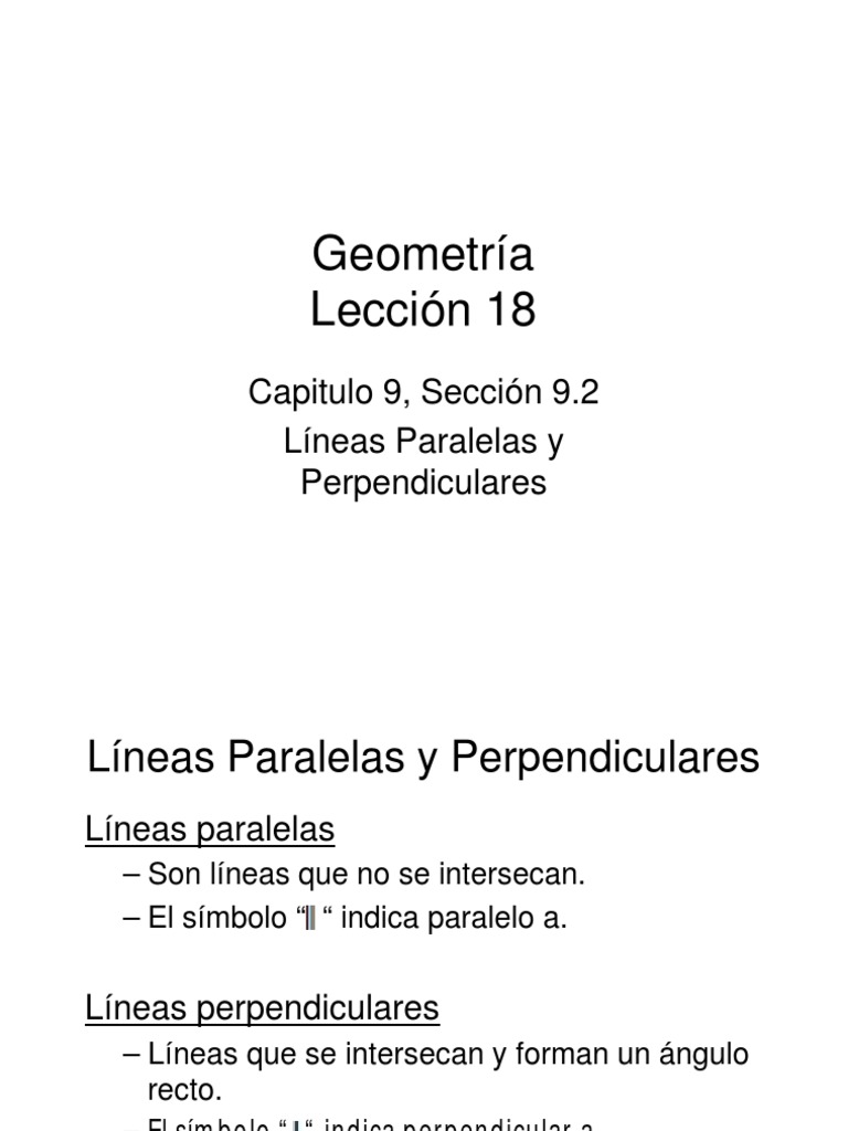 Líneas Paralelas y Perpendiculares Lección 18 | PDF