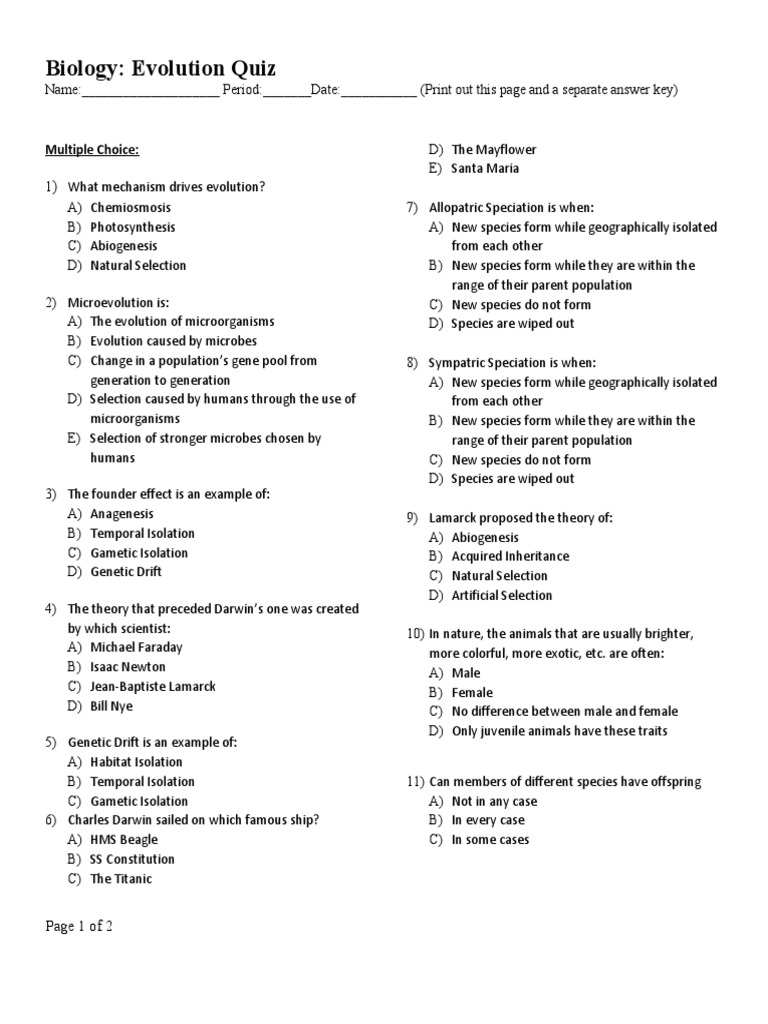 Practice Quiz Template | PDF | Natural Selection | Evolution