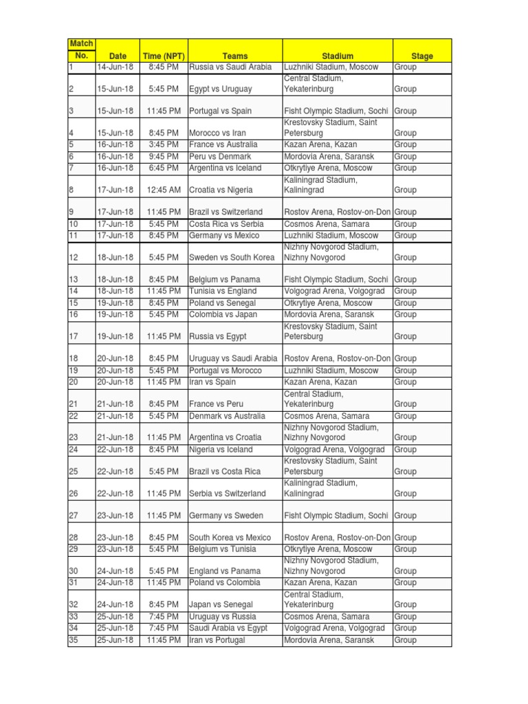 World Cup Schedule 2018 | PDF | Fifa World Cup | Fifa Competitions
