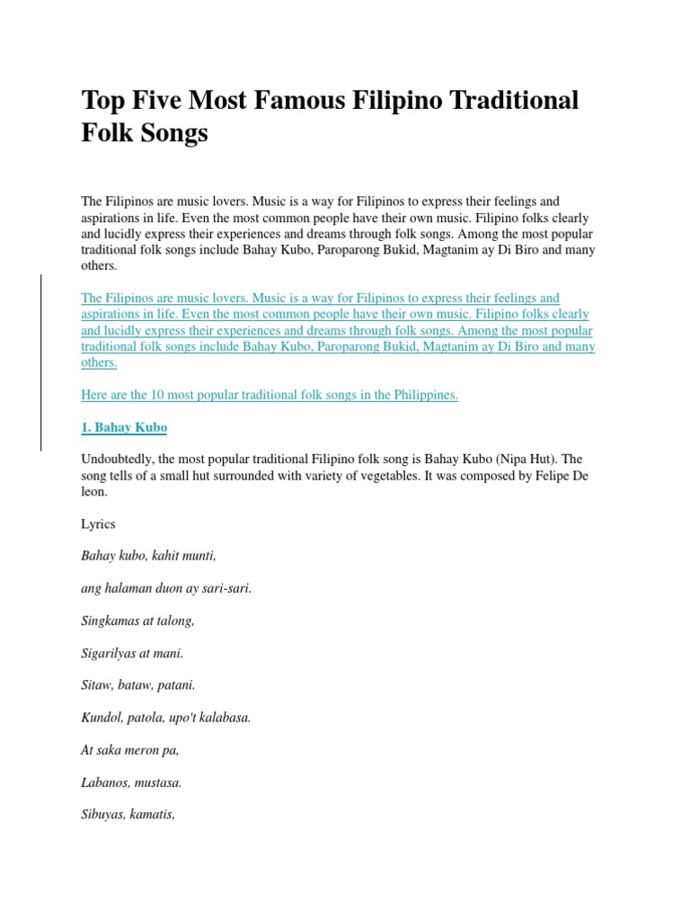 Top Five Most Famous Filipino Traditional Folk Songs | PDF