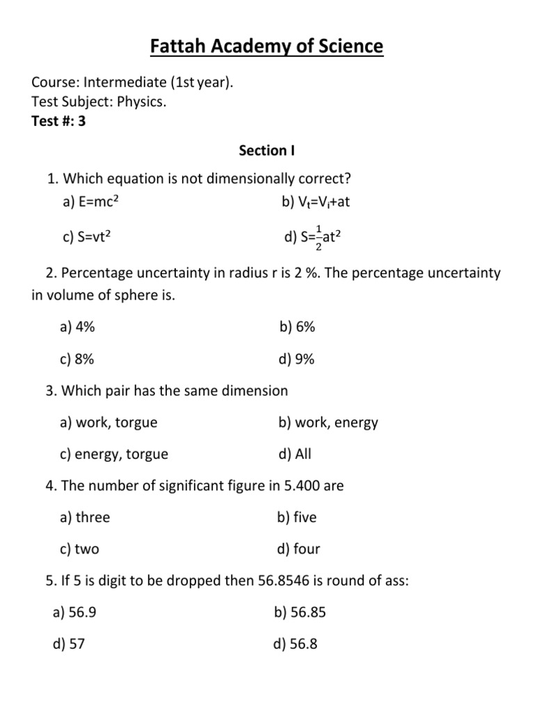 1st Year Physics Test 3 | PDF | Physical Sciences | Physical Quantities