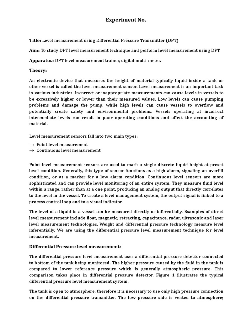 Level Measurement | PDF | Pressure Measurement | Sensor
