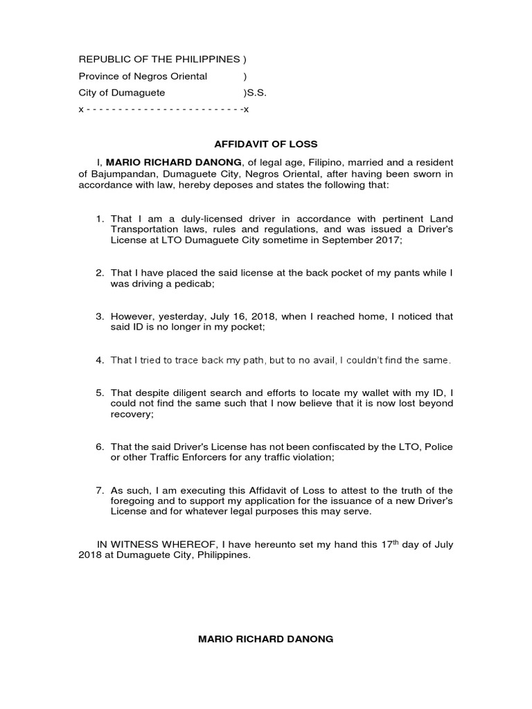 Affidavit of Loss - Driver's License | PDF