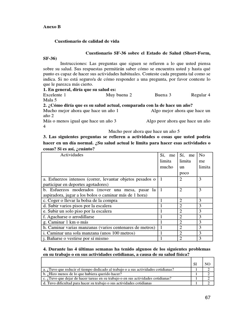 Cuestionario SF 36 Calidad de Vida | Cuestionario