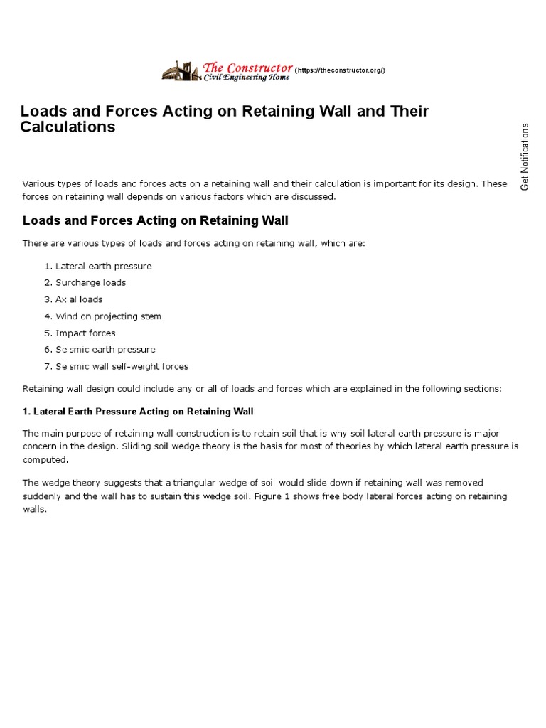 Loads and Forces Acting On Retaining Wall and Their Calculations | PDF ...