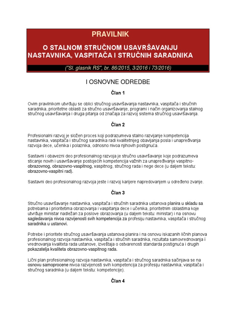 Pravilnik o Stalnom Strucnom Usavrsavanju Nastavnika Vaspitaca I ...
