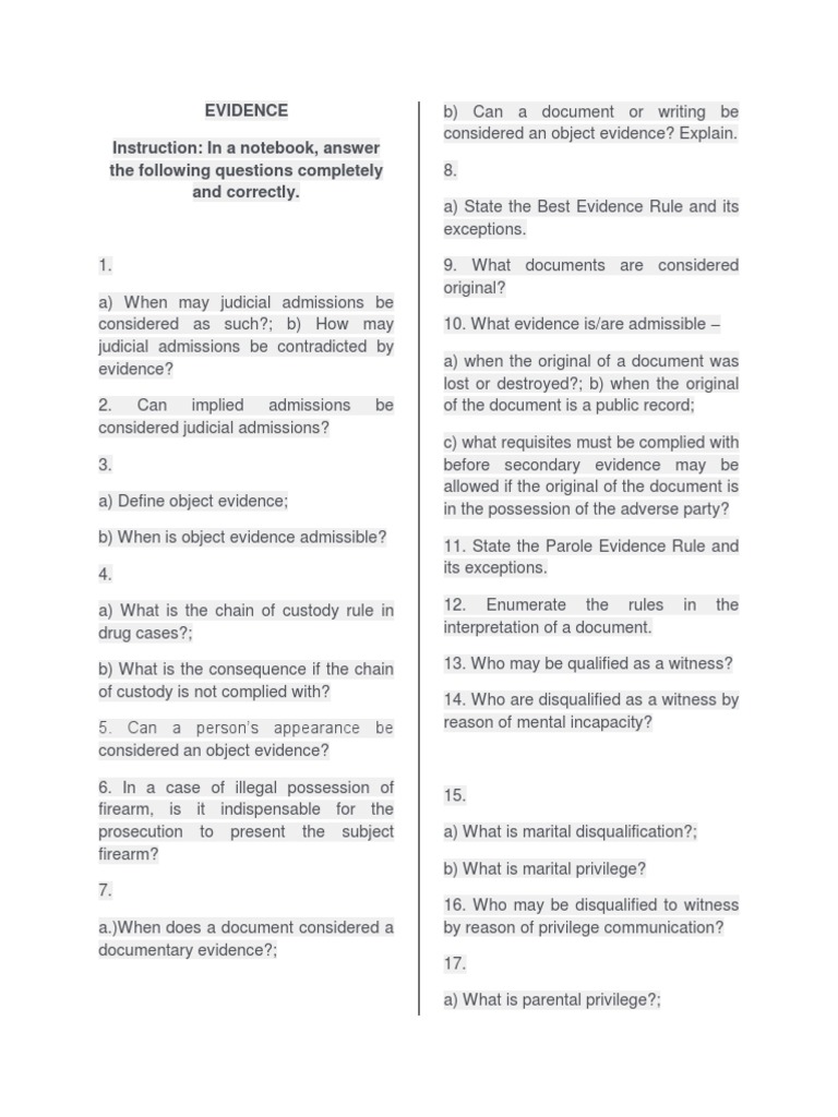 Evidence Instruction: in A Notebook, Answer The Following Questions ...
