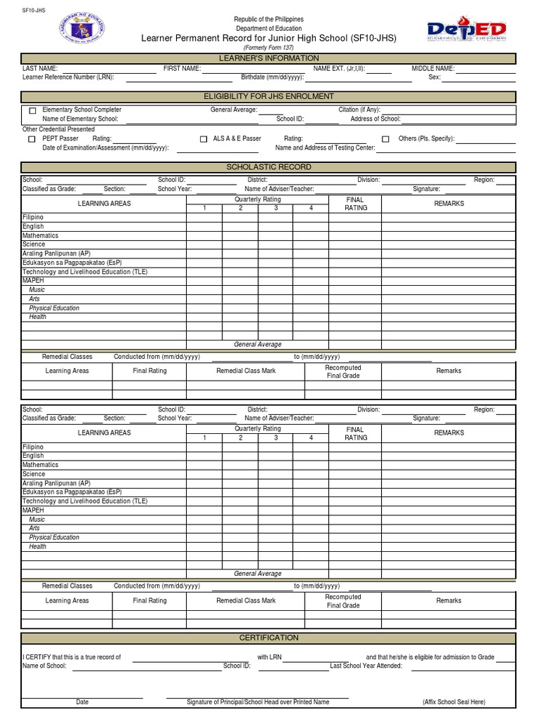 School Form 10 SF10 Learners Permanent Academic Record For Junior High ...