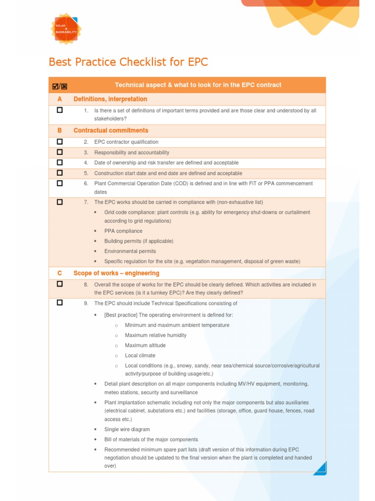 Solar PV Bankability Best Practice Checklists EPC | PDF | Power ...
