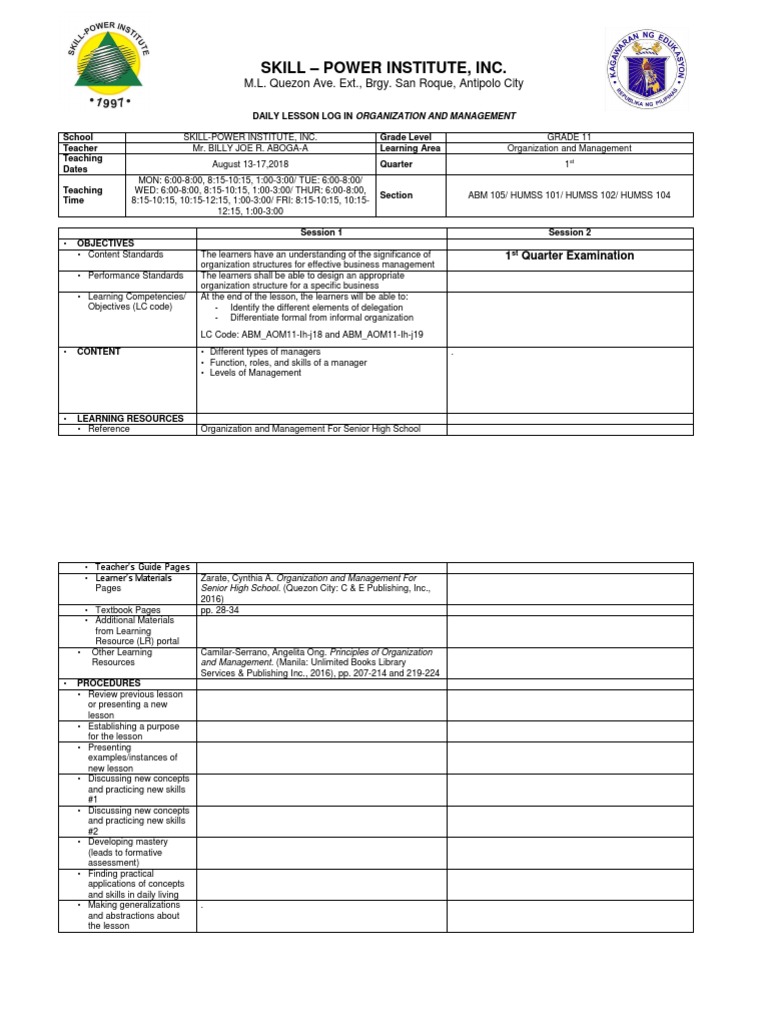 Lesson Plan - Organization and Management | PDF | Learning | Teachers