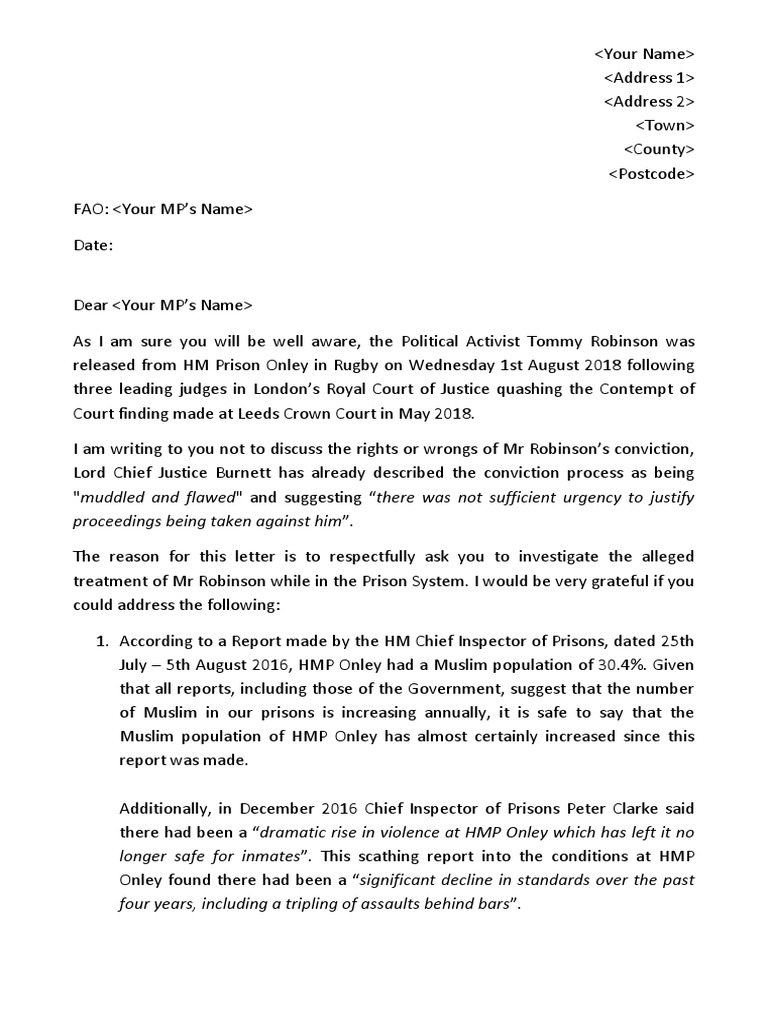 Tommy MP Letter Template | PDF | Prison | Solitary Confinement