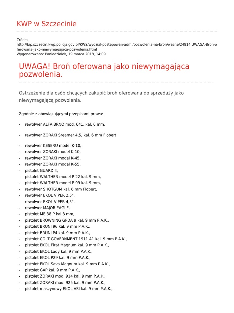 UWAGA Bron Oferowana Jako Niewymagajaca Pozwolenia | PDF