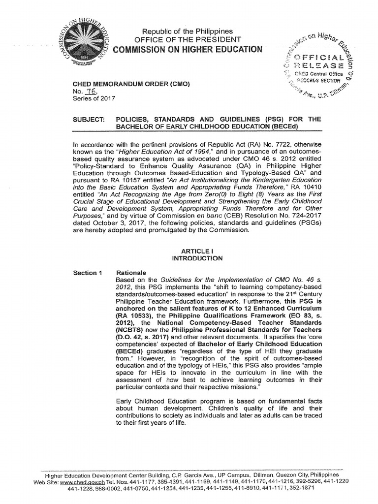 CMO-No.-76-s.-2017 - PSG For BECEd - Bachelor of Early Childhood ...